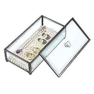 JUXYES Clear Glass Jewelry Box With Lid, Beveled Glass Keepsake Box Transparent Jewelry Organizer Box Modern Thickened Glass Vanity Decorative Box Personalized Countertop Trinket Box Organizer
