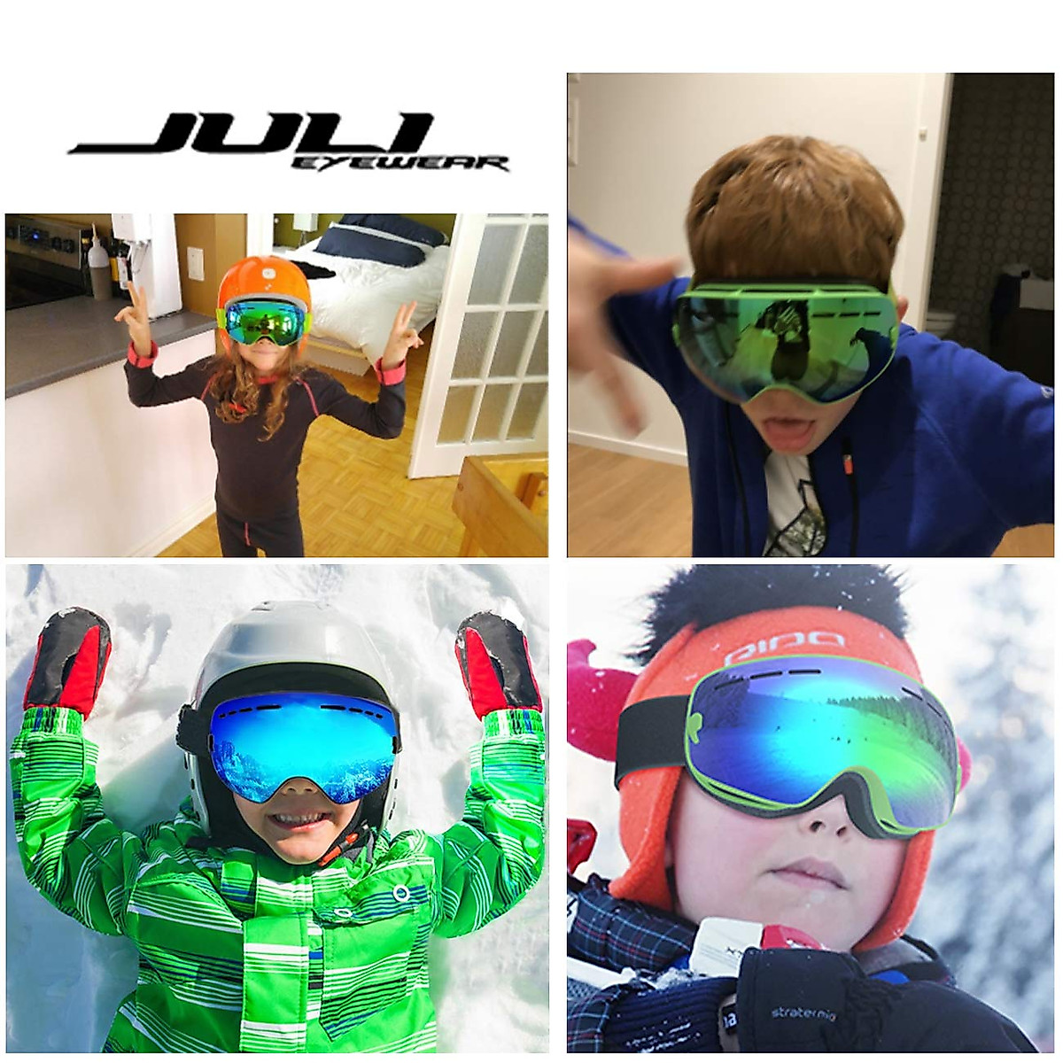 JULI Kids Ski Goggles,Interchangeable Double Layer Spherical Lens,OTG Anti-Fog Snowboard Skate Snow Goggles Age 4-16 4300（Yellow）