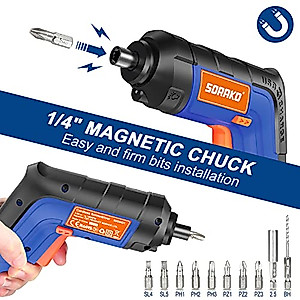 Cordless Screwdriver 4V, SORAKO Small Electric Screwdriver, Power Screwdriver Rechargeable with led right, 6Nm Screw Gun, 10 PCS Screwdriver Kit for Home DIY