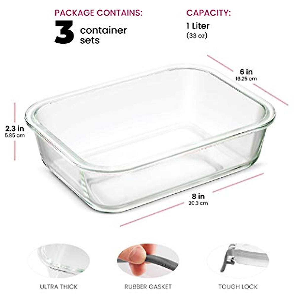 FineDine 6-Piece Superior Glass Food Storage Containers Set, 35oz Capacity - Newly Innovated Hinged Locking lids - 100% Leakproof Glass Meal-Prep Containers, Freezer-to-Oven-Safe (Grey)