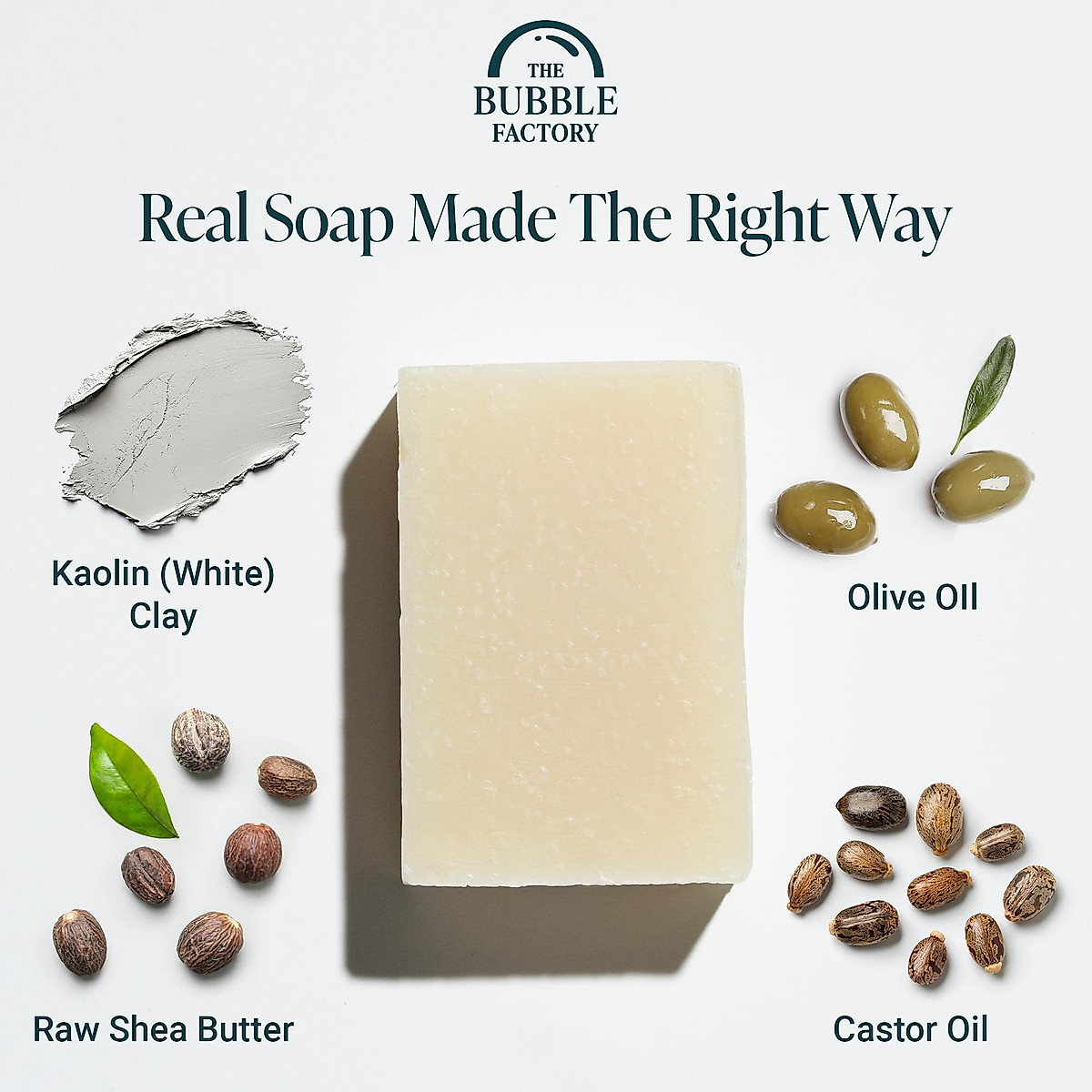 The Bubble Factory Handmade Natural Bath & Body Soap Bar, Vegan, All-Natural, Palm Oil Free, Made in USA with Shea Butter + Essential Oils, Unscented, 3 Bars