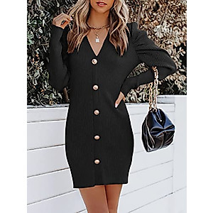 ANRABESS Women's Puff Long Sleeve V Neck Buttons Ribbed Knit Slim Fit Pullover Sweater Bodycon Mini Dress 581heise-S Black
