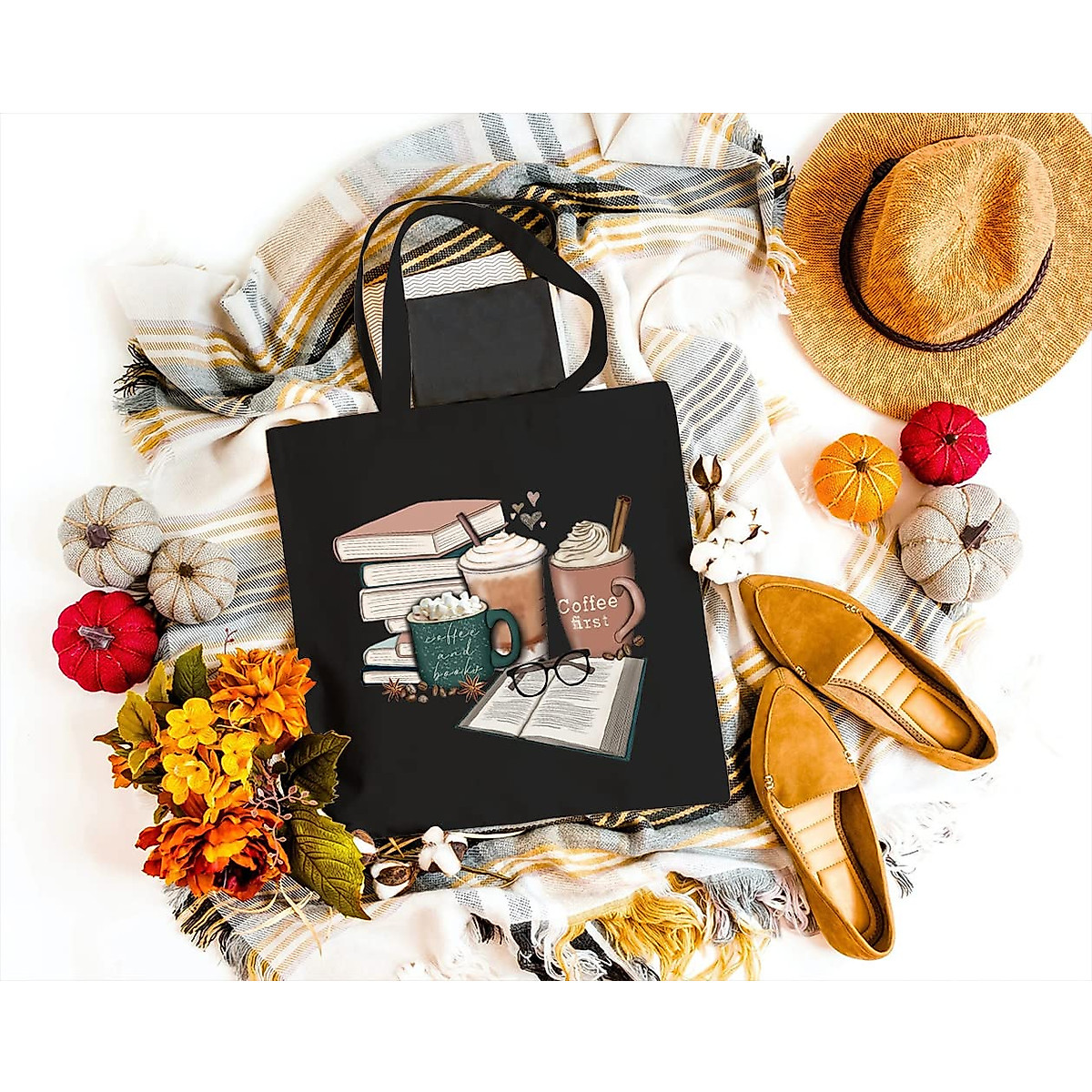 GXVUIS Coffee And Books Canvas Tote Bag for Women Aesthetic Hand Drawn Graphic Reusable Grocery Shoulder Shopping Bags Black