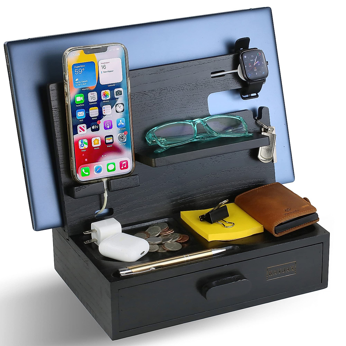 Kayjax Wood Phone Docking Station for Men & Women with Drawer - Mens Organizer Dad Husbands Anniversary Birthday Gifts Organizers Watch, Wallet, Keys, Cellphone