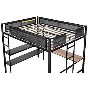 NCKMYB Metal Loft Bed with Desk and Shelves, Full Size Loft Bed with 2 Ladders and 2 Tier Shelves, for Teen Adult or Dorm, Black
