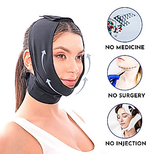 Post Surgery Facial Compression Neck Coverage Chin Strap, V-Shaped Face Slimmer, Jowl Tightening Chin Lifting Double Chin Reducer Band (M/L, Black)