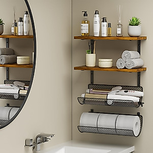 2+2 Wood Floating Shelves for Wall Decor,Bathroom Shelf Over Toilet with Hair Tool Organizer,Curling Iron Holder Wall Mounted,Bathroom Organizer for Hair Straighteners,Curling Wands，Toilet Paper