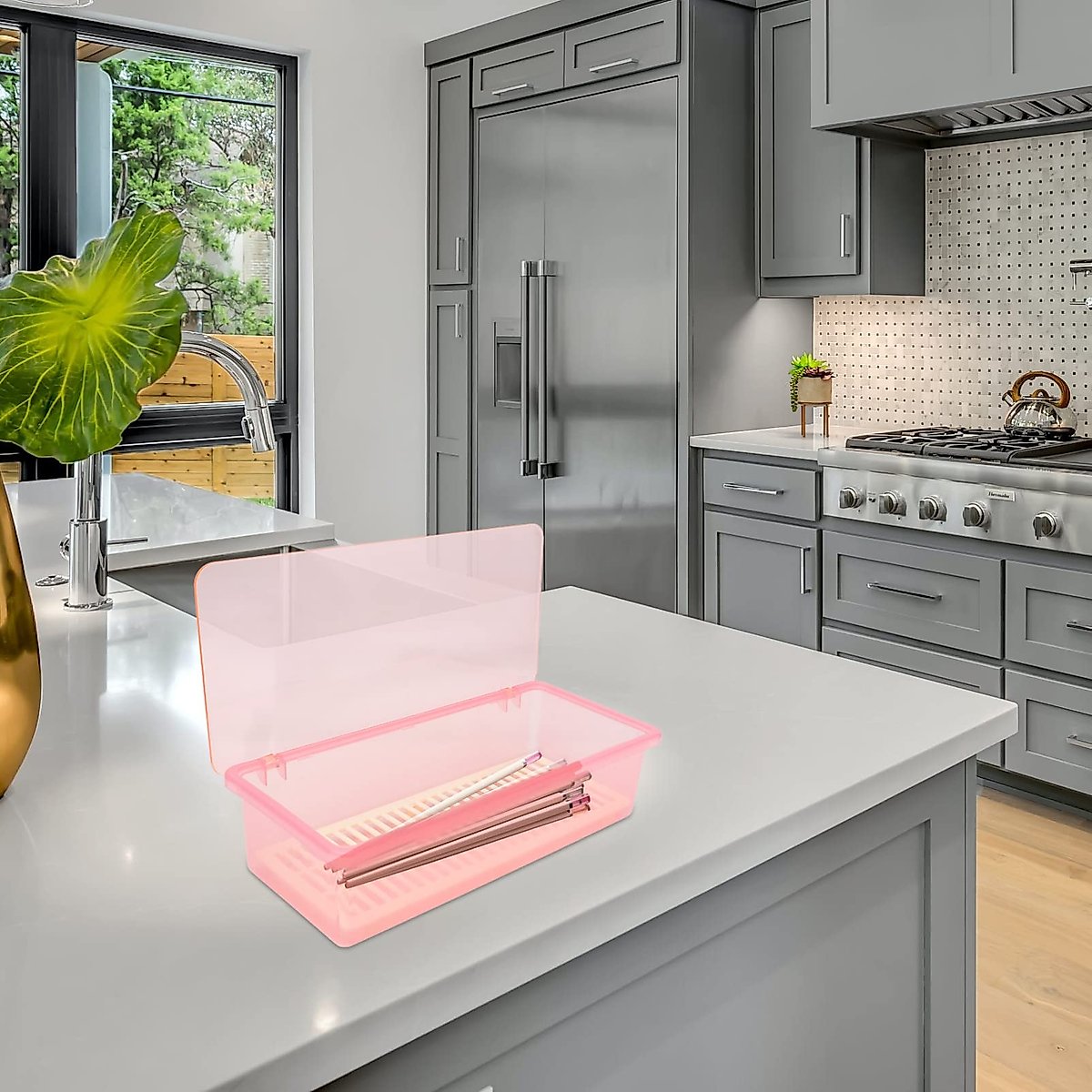 DOITOOL Flatware Tray with Lid and Drainer, Tableware Utensil and Cutlery Drawer Organizer with Lid Covered Silverware Tray to Keeps Your Cutlery Organized and Protected (Pink)