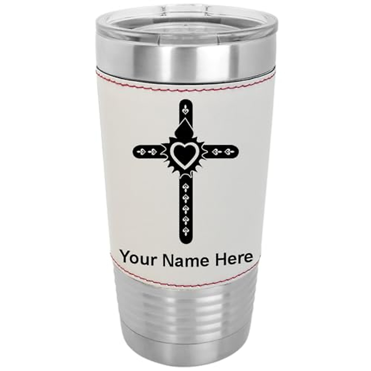 LaserGram 20oz Vacuum Insulated Tumbler Mug, Cross with Heart, Personalized Engraving Included (Faux Leather, Baseball Style)