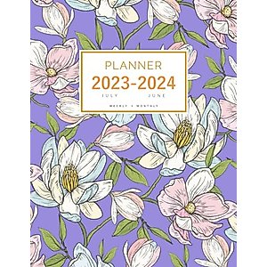 Planner July 2023-2024 June: 8.5 x 11 Weekly and Monthly Organizer | Magnolia Flower Garden Design Blue-Violet