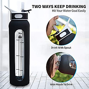 32 Oz Glass Water Bottle with Straw & Silicone Sleeve 100% BPA Free Borosilicate Glass Water Bottle, 1L Wide Mouth Leakproof Lids Motivational Time & Ounce Marker Ensure Track H2o Goal