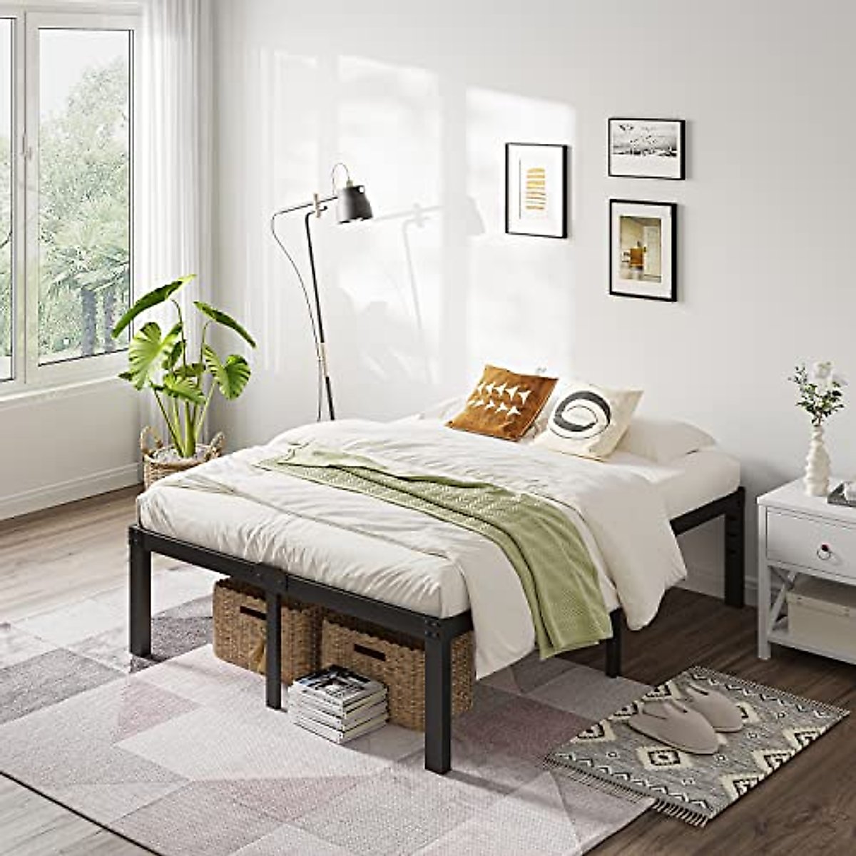 Gdduck 18 Inch Queen Size Bed Frame Platform Metal Bed Frame with Storage，Sturdy Steel Frame No Box Spring Needed,Black Frame Heavy Duty Noise-Free,Easy Assembly，Support up to 3500lbs
