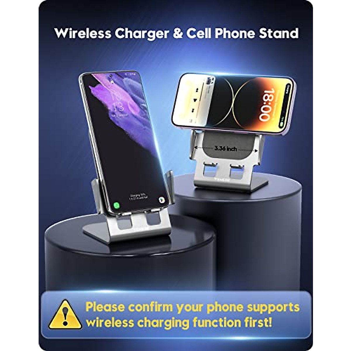 Wireless Charger, 15W Fast Wireless Charging, Ultra-Thin Aluminum Alloy Cell Phone Stand, Compatible with iPhone 14/13/12/11/X/8 Series, Samsung, Motorola, Huawei, OnePlus, Pixel, Qi Certified Device