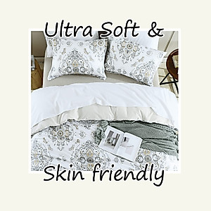 Bedduvit 100% Cotton Duvet Cover Queen Size - Soft Paisley Queen Duvet Cover Set, 3 Pieces All Season Reversible Damask Bedding Comforter Sets with 2 Pillow Shams, White/Yellow, 90"x90"