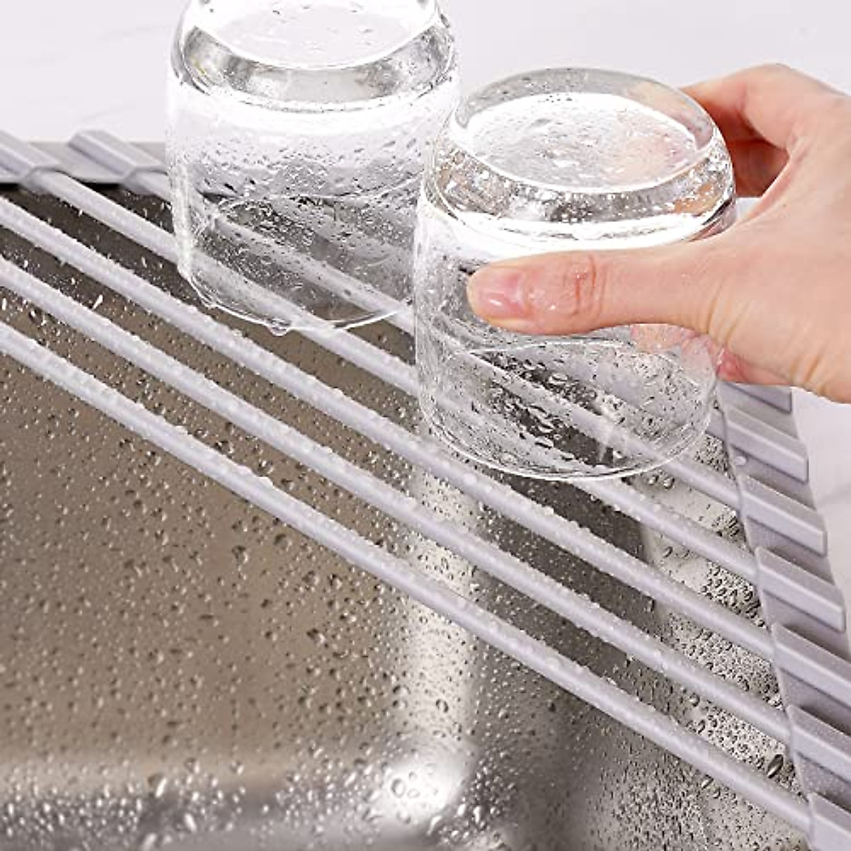 Triangle Roll-Up Dish Drying Rack - Small Foldable Silicone Coated for Sink Corner, Stainless Steel Over Sink Organizer, Drainer Caddy and Space Saver for Multipurpose Kitchen Storage (Gray)