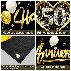 Happy 50th Wedding Anniversary Banner Decorations, Black Gold 50th Anniversary Sign Party Supplies, 50th Wedding Anniversary Decor Photo Booth for Outdoor Indoor