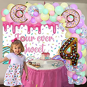 Donut 4th Birthday Party Decorations, Four Ever Sweet Birthday Decorations - Macaron Balloon Garland Kit with Doughnut Foil Balloons, 5 x 3 Ft Donut Backdrop, Number 4 Foil Balloon