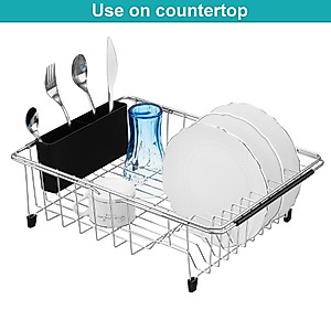 iPEGTOP Expandable Deep & Large Dish Drying Rack, Over The Sink, in Sink Or On Counter Dish Drainer Basket Shelf with Black Removable Utensil Silverware Holder, Rustproof Stainless Steel
