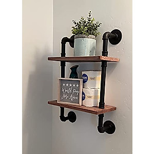 ROGMARS Industrial Pipe Floating Bathroom Shelves Rustic Wood Ladder Bookshelf Wall Mounted Rustic Wood Shelf for Living Room Decor and Storage 15 inch (2 Tier)