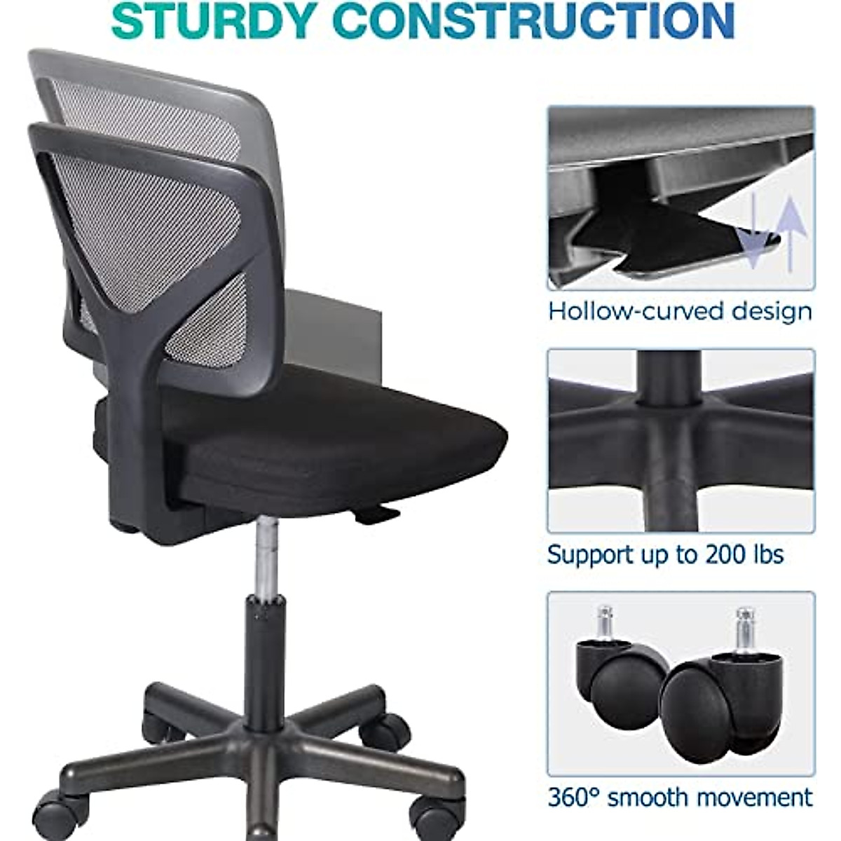 Ergonomic Home Office Desk Chair, Adjustable Armless Computer Chair with Lumbar Support, Small Mesh Task Chair with Backrest Swivel Rolling for Study, Office, Conference Room