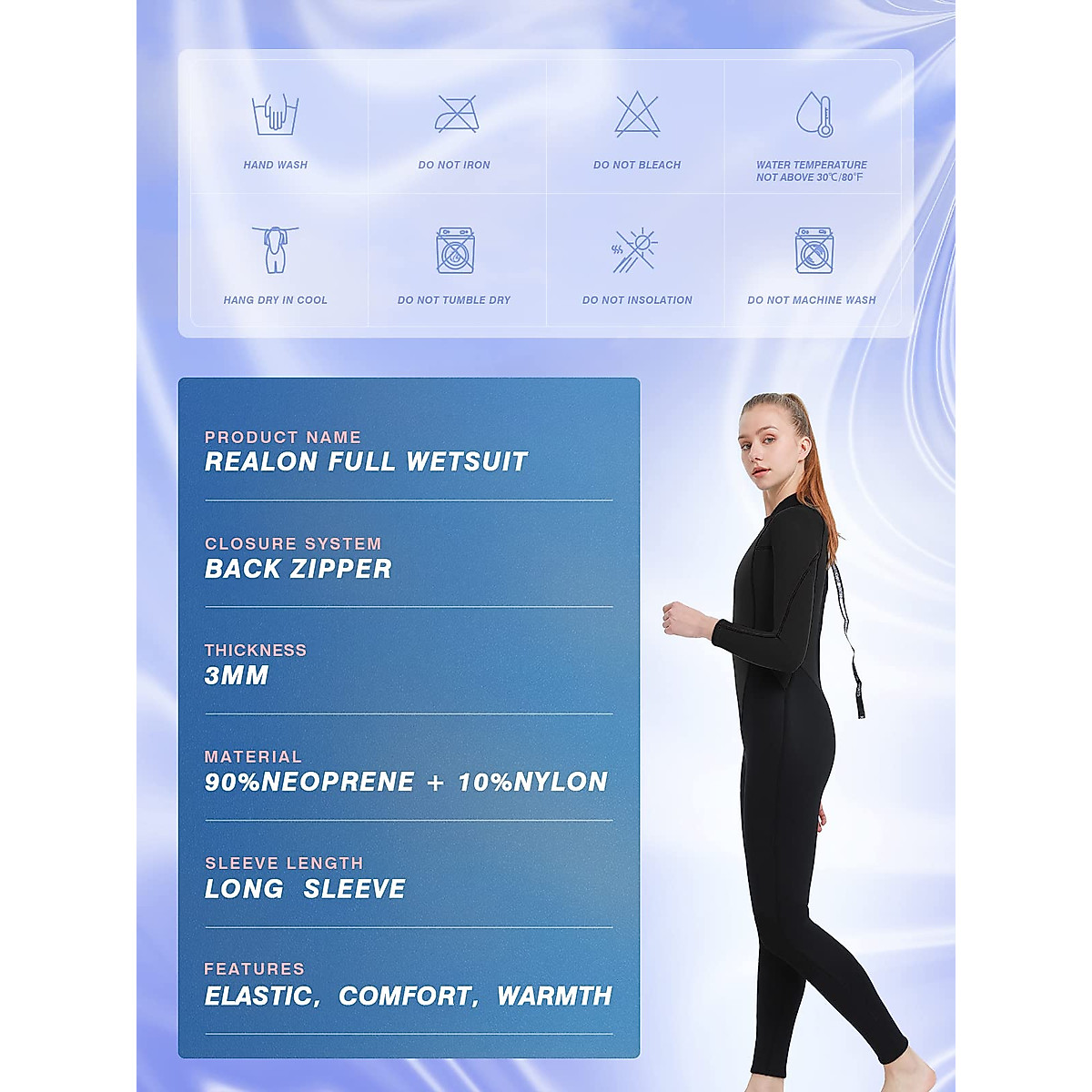 REALON Wetsuit Women Neoprene Wet Suits 3mm Full Body Long Sleeves Swimsuit for Scuba Diving Swimming Surfing Adult in Cold Water Aerobics (Black 3mm Large)