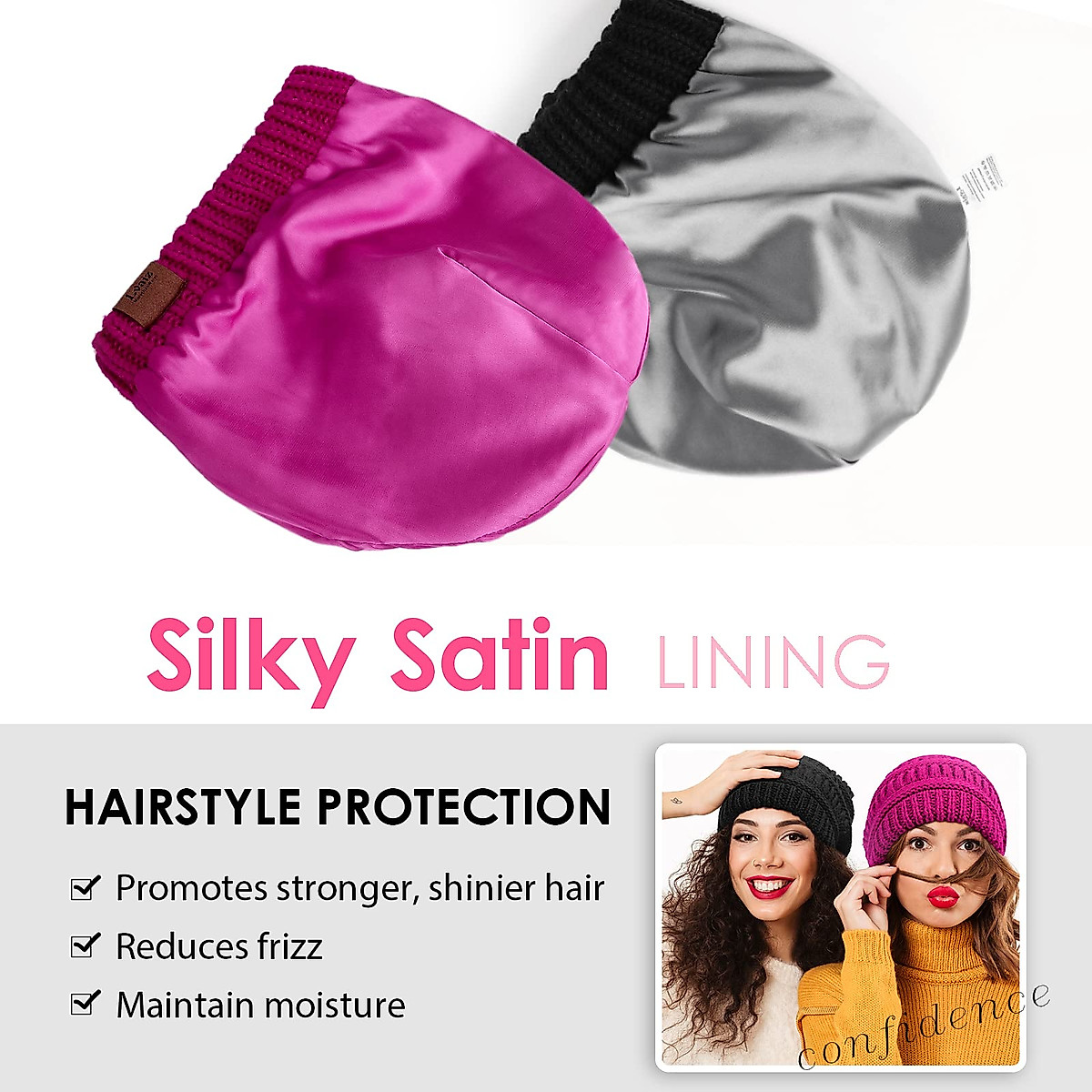 2 Pack Satin Lined Knitted Beanie Hats for Women Winter Warm Stretch Slouch Cable Beanie with Satin Silk Lining Black+Rose