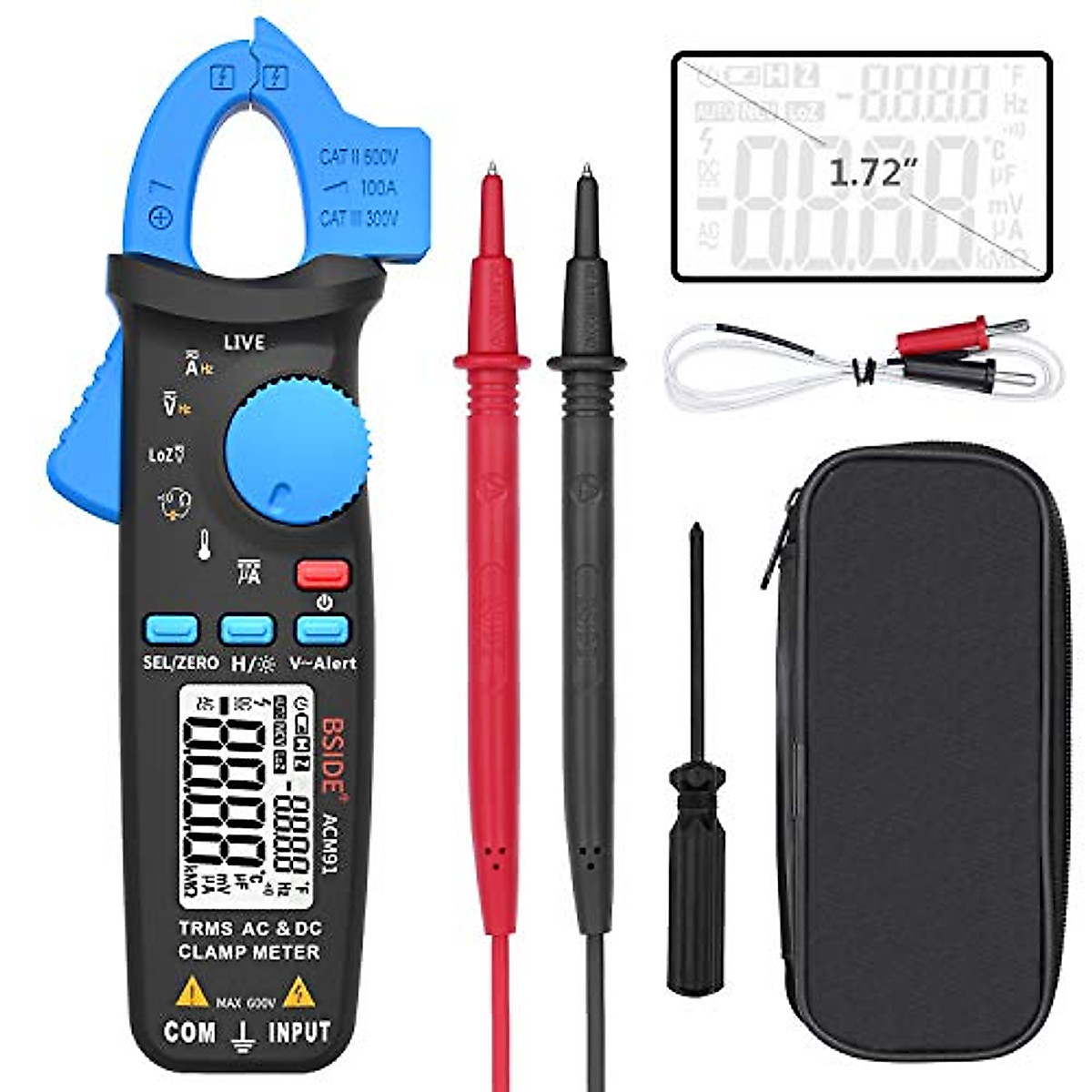 Bside ACM91 1mA Clamp Meter DC/AC Current True RMS Auto-Ranging 6000 Counts Multimeter Live Check V-Alert Temperature Capacitance Frequency Tester with Back Clip