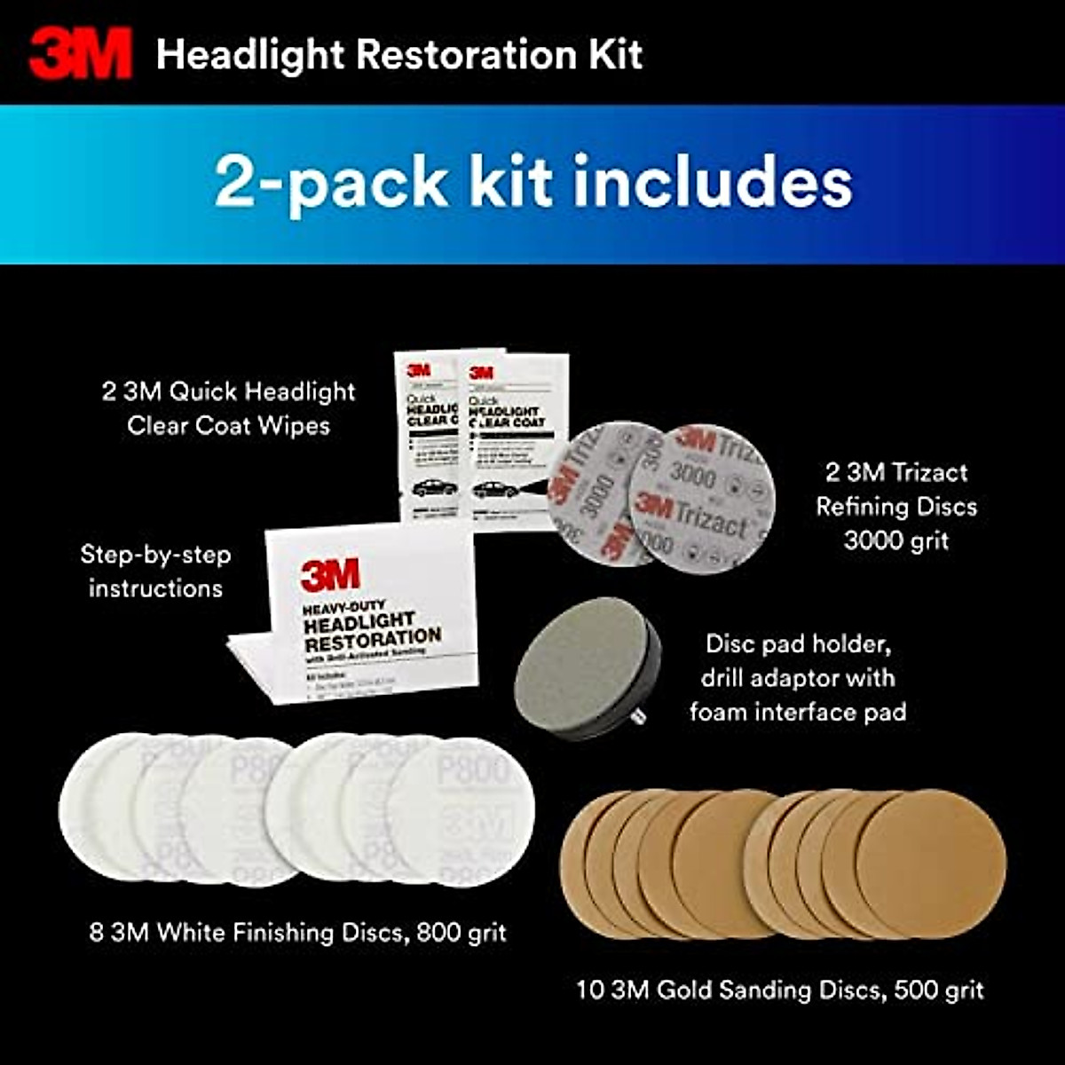 3M Headlight Restoration Kit, Heavy Duty 2-Pack, Easy Heavy Duty Car Headlight Restoration System, Headlight Cleaner and Restorer, Use With A Household Drill