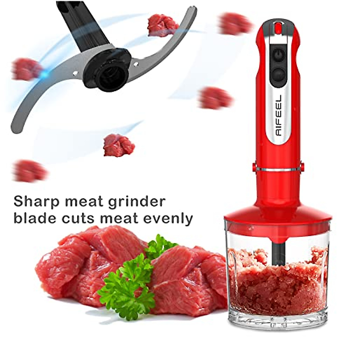 Immersion Hand Blender, Aifeel 5-in-1 Stick Blenderice blade,with Ice Crusher 500ml Food Grinder/Chopper, 600ml Container,Milk Frother,Egg Whisk,Puree Infant Food, Smoothies, Sauces and Soups(red)