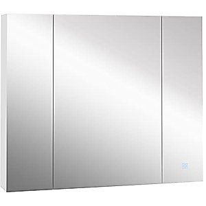 kleankin LED Medicine Cabinet, 35.5 x 29.5 Wall-Mounted Bathroom Vanity Mirror Organizer with Dimmer Touch Switch, Three Doors, and USB Charged, White