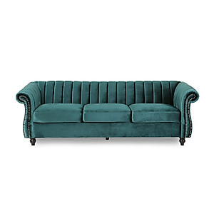 Merax Upholstered Chesterfield Sofa, 3 Seater Vintage Couch Rolled Arm for Living Room Bedroom Office, Teal