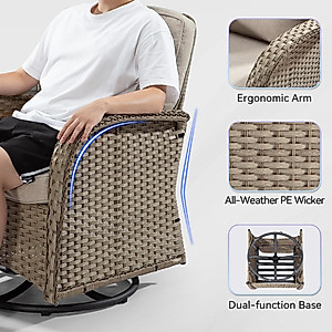 MeetLeisure Patio Swivel Glider Wicker Chairs - Outdoor Swivel Rocking Chairs Set of 2 with Wicker Side Table, Outdoor Swivel Rocker Chair Set 3 Piece Patio Furniture Set(Natural Color/Beige)