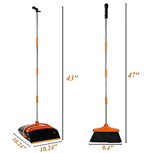 Broom and Dustpan Set-Self Cleaning with Dustpan Teeth Standing Dust Pan Self Cleaning with Dustpan Teeth Standing Dust Pan for Home Kitchen Easy Assembly, Orange