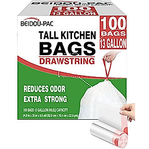 BEIDOU-PAC Trash Bags 13 Gallon Drawstring, 100 Count, Multifold Roll Garbage Bags, Tall Kitchen Trash Bag, Odorless & Extra strength White Plastic Food Scrap Bag for Home Office Bathroom Kitchen Bins