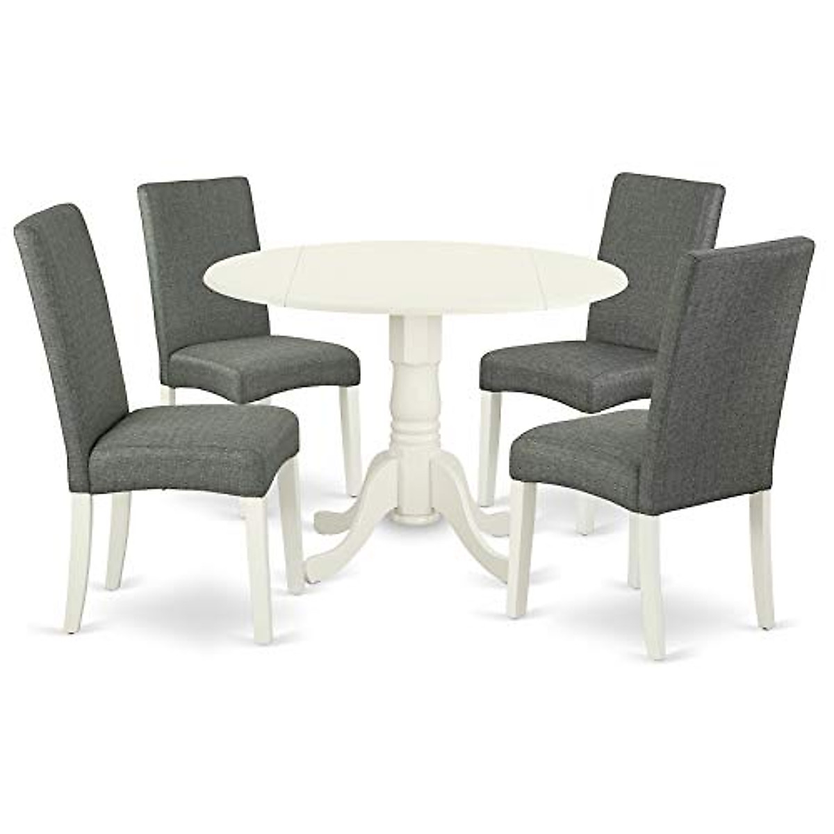 East West Furniture DLDR5-LWH-07 5Pc Round 42" Kitchen Table With Two 9-Inch Drop Leaves And Four Parson Chair White Finish Leg And Linen Fabric-Gray Color, 5