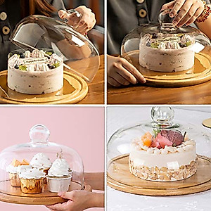 DOITOOL Cake Stand with Dome, Cake Plate Server Platter, Wood Cake Stand with Glass Dome, Cake Display Server Tray, 8.25x8.25x5.78inch