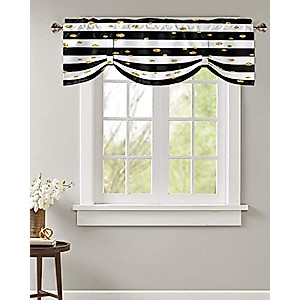 Livencher Tie-Up Valance Curtains for Window - Black and White Stripe Gold Polka Dot Kitchen Valance - Light Filtering Valance Curtains Short Curtains with Adjustable Tie 42"x12"