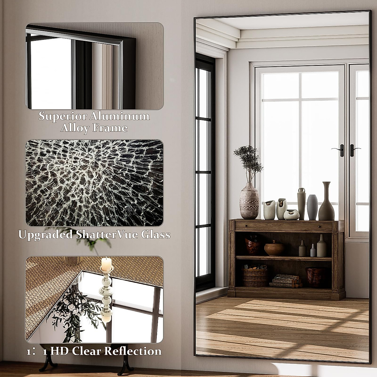 GLSLAND 71"x31" Full Length Mirror Extra Large Hanging or Leaning Rectangle Mirror Aluminum Alloy Thin Frame Bedroom Floor Dressing,Black