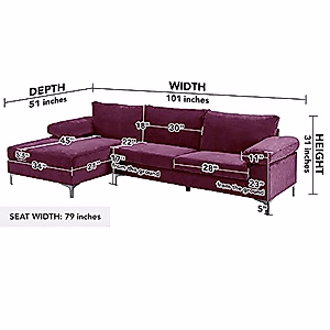 Casa Andrea Milano LLC Modern Large Velvet Fabric Sectional Sofa L Shape Couch with Extra Wide Chaise Lounge, Purple