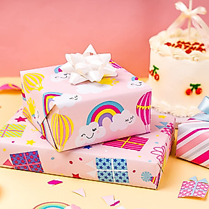 WRAPAHOLIC Birthday Wrapping Paper Roll - Mini Roll - 3 Rolls - 17 Inch X 120 Inch Per Roll - Pink Rainbow, Birthday Gift Boxes, Stripes for Kid's Birthday, Baby Shower