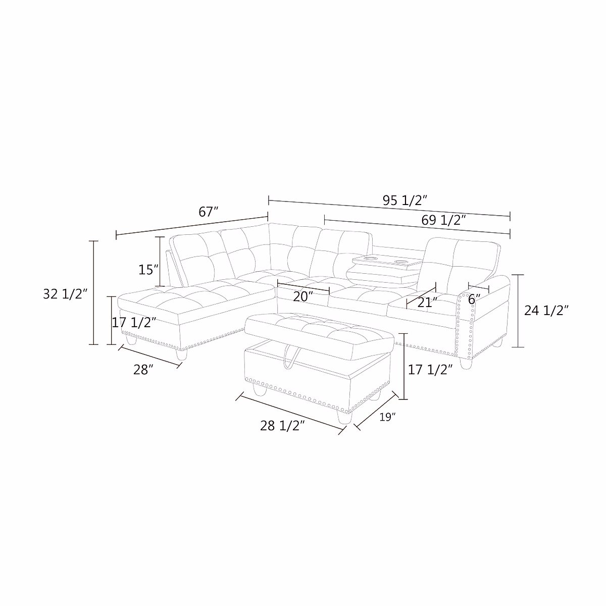 LOPOO 97" Linen Fabric L-Shaped Modular Sectional Sofa, Left-Facing Upholstered Couch with 69" Chaise Lounge, Button Tufted Design, Foldable Backrest with Cup Holders, Grey Living Room Furniture Set