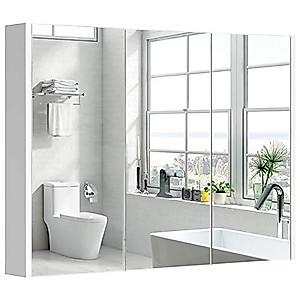 Tangkula Bathroom Medicine Cabinet with 3 Mirror Doors, Wall Mount Wide Mirrored Cabinet with Adjustable Shelf, Triple Mirrored Doors Storage Cabinet for Bathroom Living Room, 36 x 4.5 x 25.5 Inches
