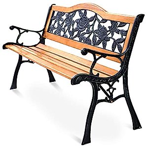 HAPPYGRILL 50'' Patio Park Garden Bench, Outdoor Furniture Iron & Hardwood Frame Porch Loveseat