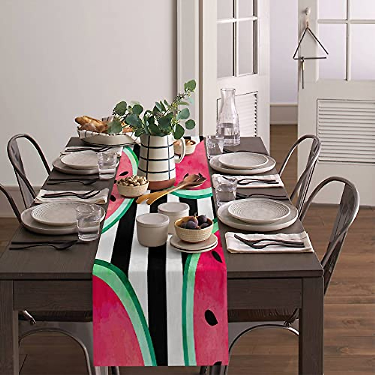 Table Runners Cotton Linens Burlap Dresser Scarves Table Decor for Kitchen Dining Room Coffee Table Tropical Fruit Watermelon Pink Summer Stripe Black and White Background 13"x70"