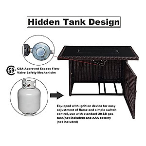 OAKVILLE FURNITURE 44 in Propane Fire Pit Table, 50000 BTU Rectangular Outdoor Gas Fire Pit, Brown Wicker Aluminum Tabletop in Tempered Fire Glass for Outside Patio Garden, Backyard