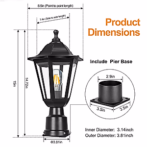 FUDESY Outdoor Post Light, Exterior Lamp Post Light Fixture with Pier Mount Base, Waterproof Pole Lantern Lighting with E26 Socket, Matte Black Plastic Lamp for Garden Patio Pathway(Bulb Included)
