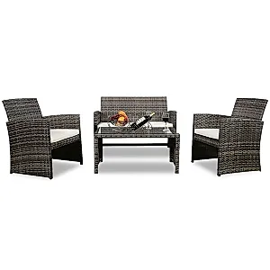 Tangkula AM0948HM Lawn Garden PE Rattan Wicker Furniture (Brown) 4 Piece Outdoor Patio Sofa Set