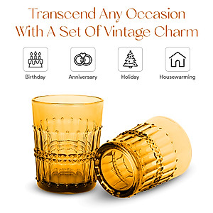 Vintage Old Fashion Whiskey Glasses, 10 Oz, Romantic Water Tumblers, Barware Glasses for Scotch, Bourbon, or Cocktails, Embossed Amber Beaded Glasses-Set of 4