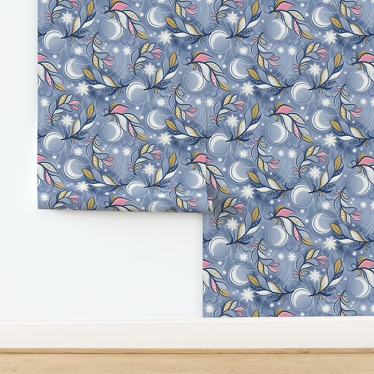 Peel & Stick Wallpaper Swatch - Whimsical Night Pastel Blue Pink Moon Star Sky Custom Removable Wallpaper by Spoonflower