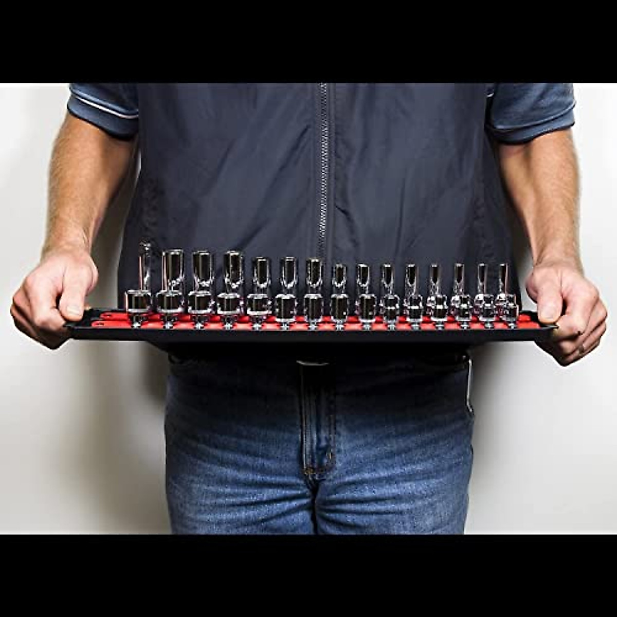 Ernst Manufacturing 19-Inch Socket Boss 2-Rail 1/2-Inch-Drive Socket Organizer, Red (8454-A) - Made in USA